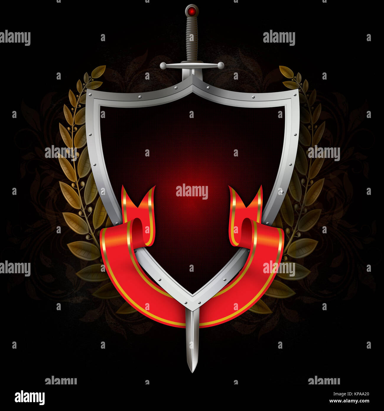 Medieval riveted shield with sword,gold laurel branch and red ribbon on ...