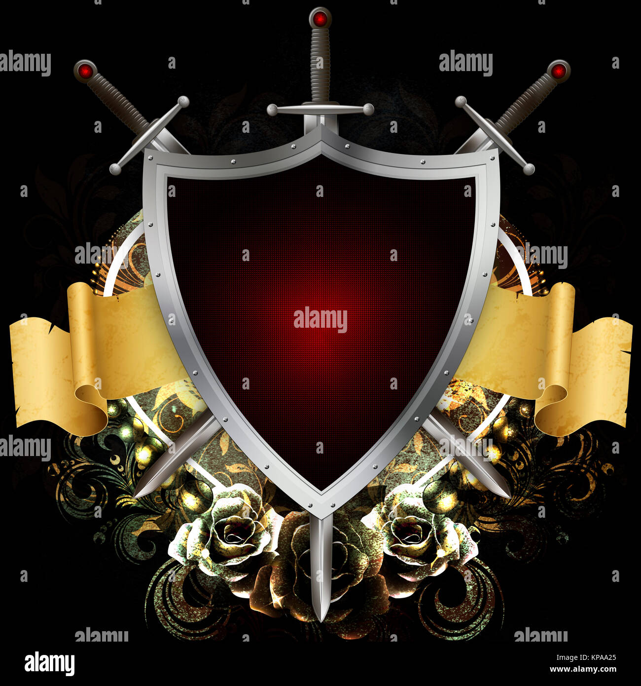 Medieval riveted shield with sword and red ribbon on dark grunge ...