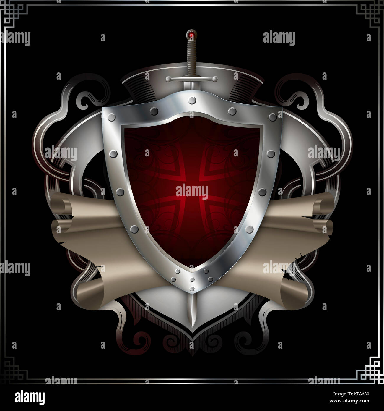 Medieval silver shield with sword,maltese cross, parchment scroll and ...