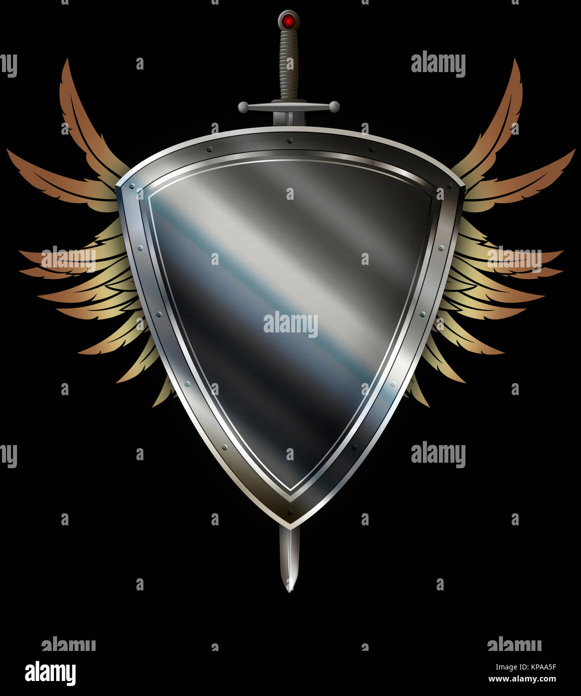 Medieval riveted silver shield with wings and sword on black background ...