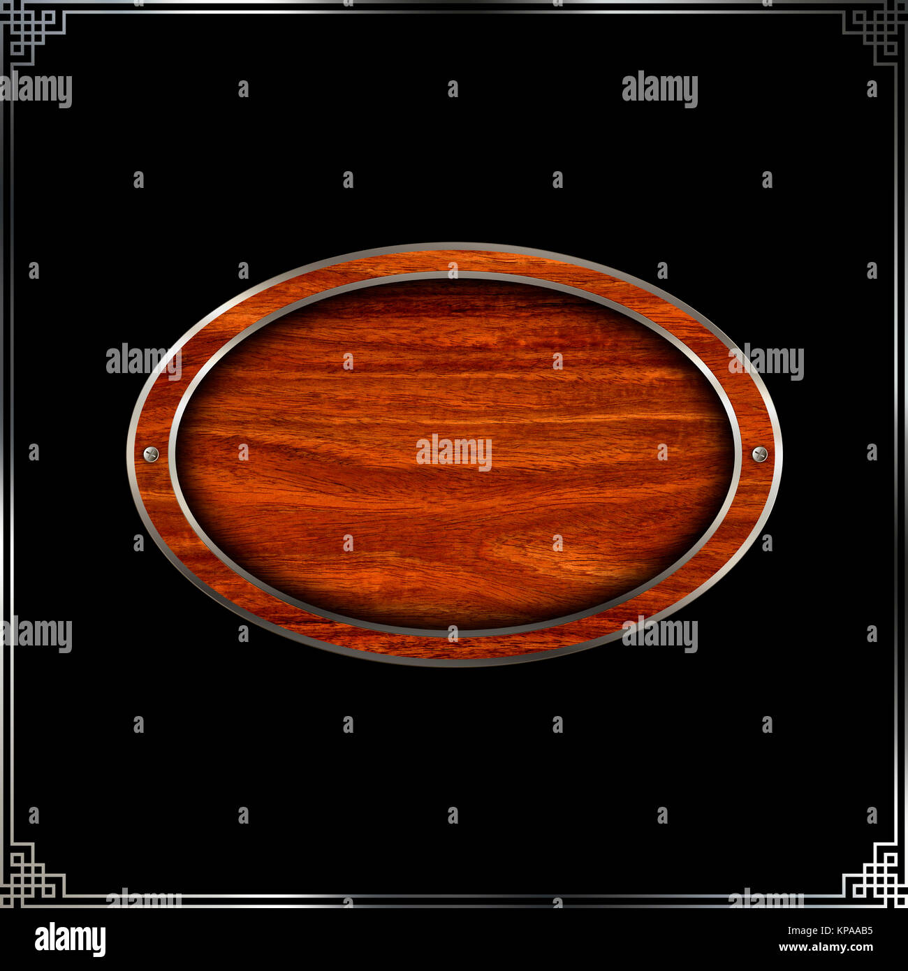 Wooden plate with metallic border and screws for the design. Isolated ...