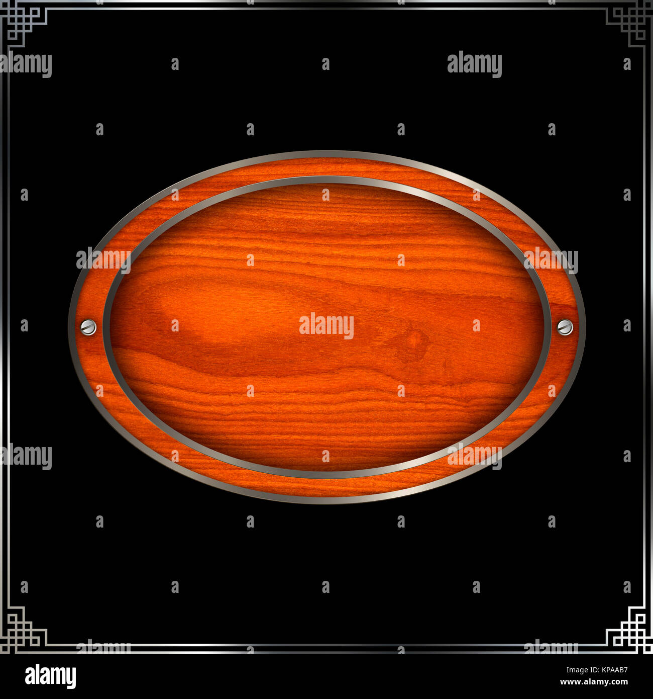 Wooden plate with metallic border and screws for the design. Isolated ...