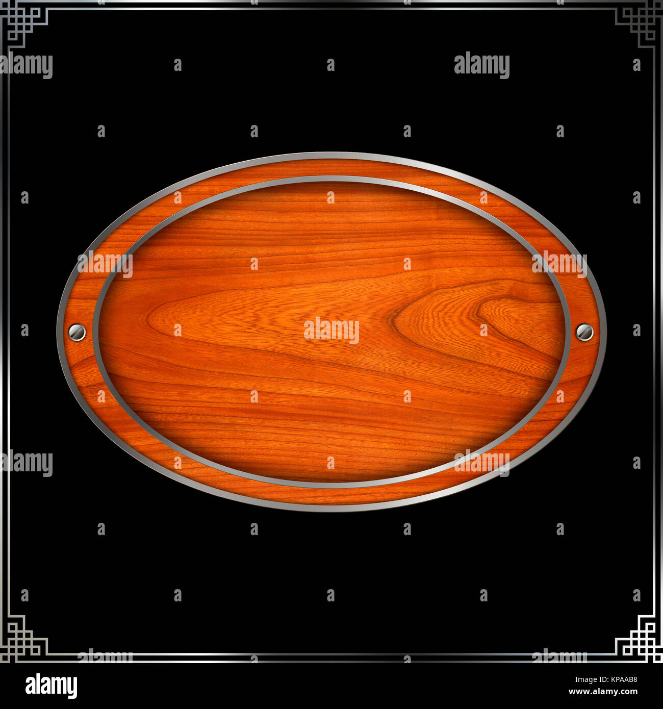 Wooden plate with metallic border and screws for the design. Isolated ...