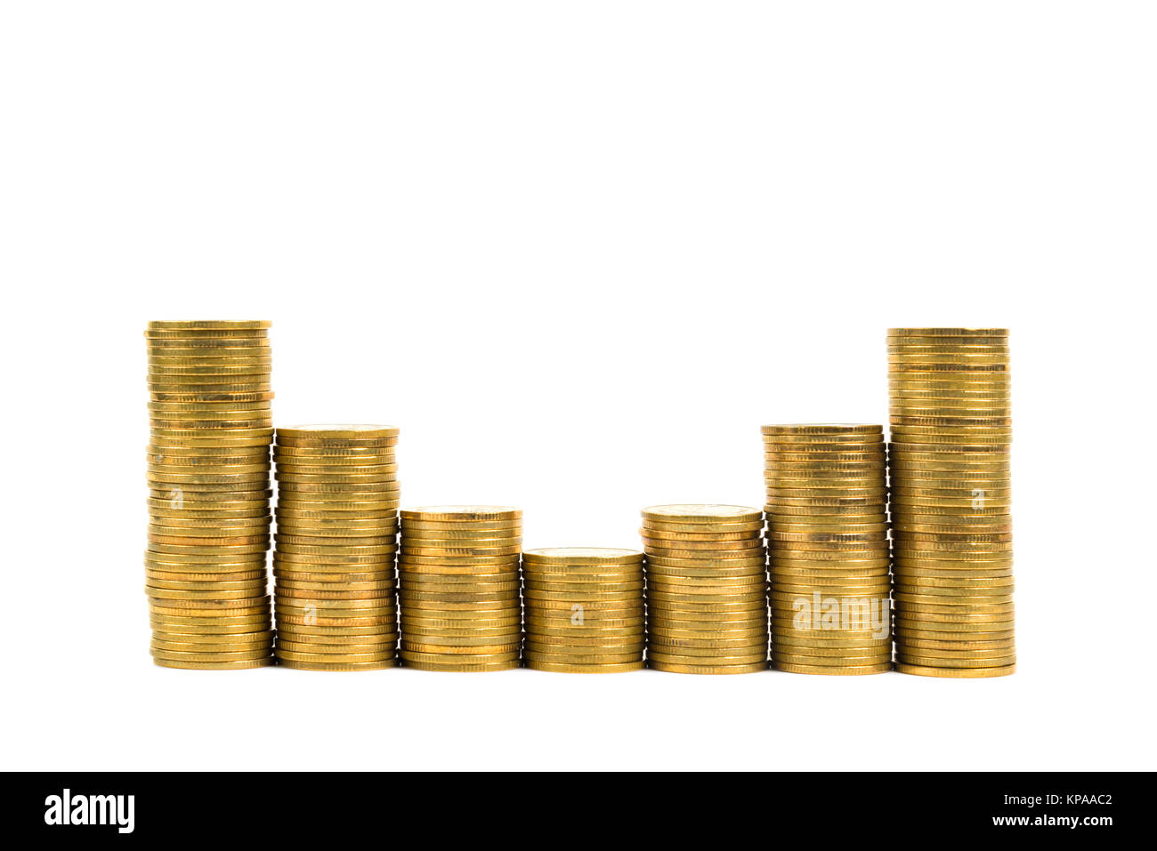 Increasing columns of coins, step of stacks coin isolated on white ...