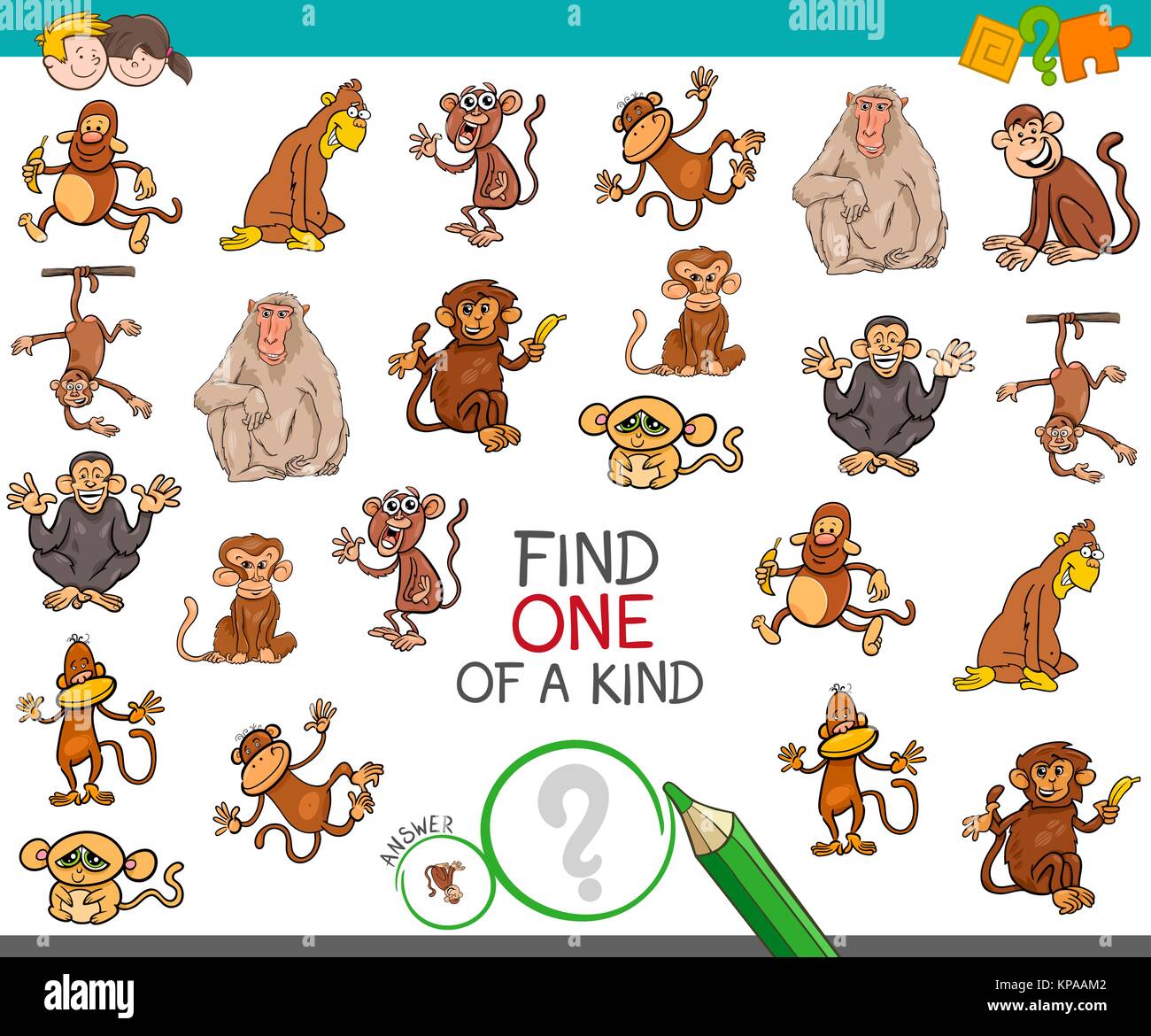 Cartoon Illustration of Find One of a Kind Picture Educational Activity ...