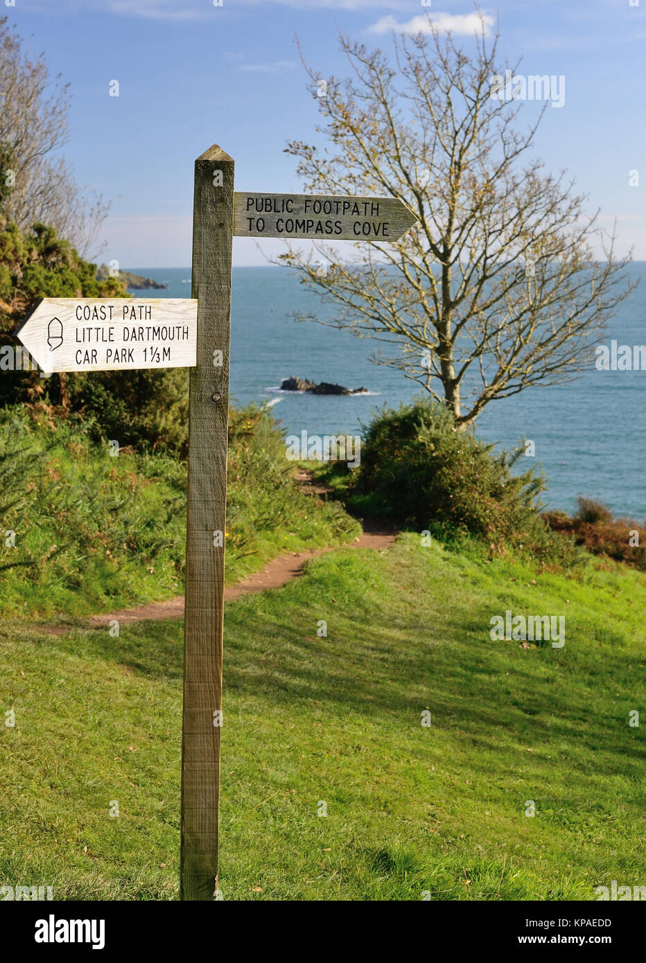 Signpost along the South West Coast Path at Compass Cove, near ...