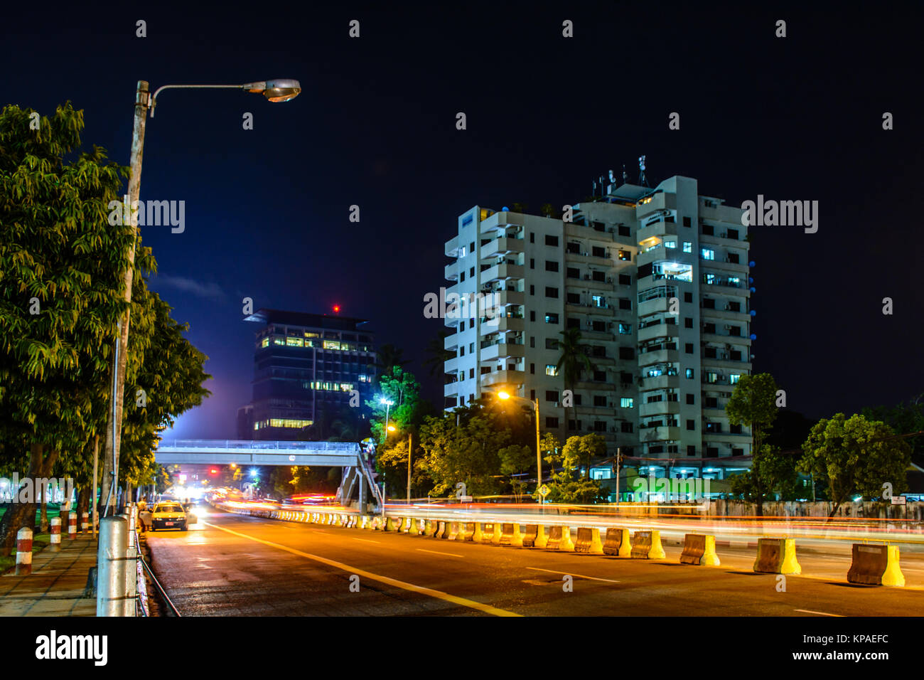 downtown area of Yangon, night view of Pyay road, Myanmar, June-2017 ...