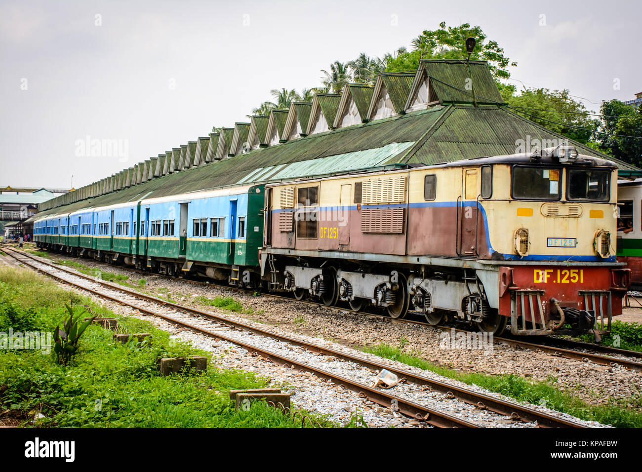 a train at the central railway station of Yangon, Myanmar, May-2017 ...