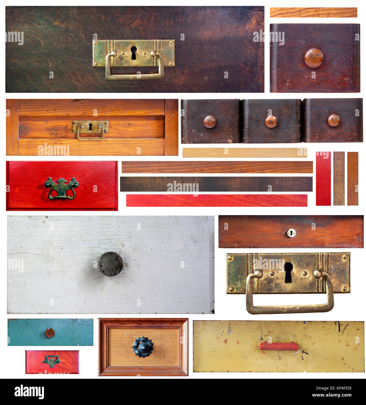 Old drawers, wooden strips and escutcheons on white background Stock ...