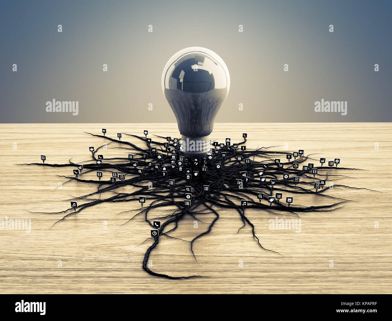 Light bulb with roots and emerged on the icon with roots Stock Photo ...