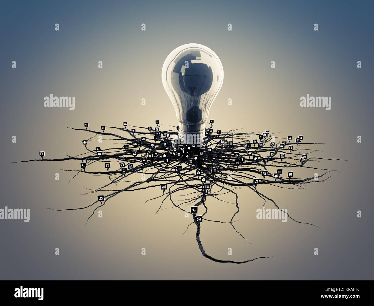 Light bulb with roots and emerged on the icon with roots Stock Photo ...