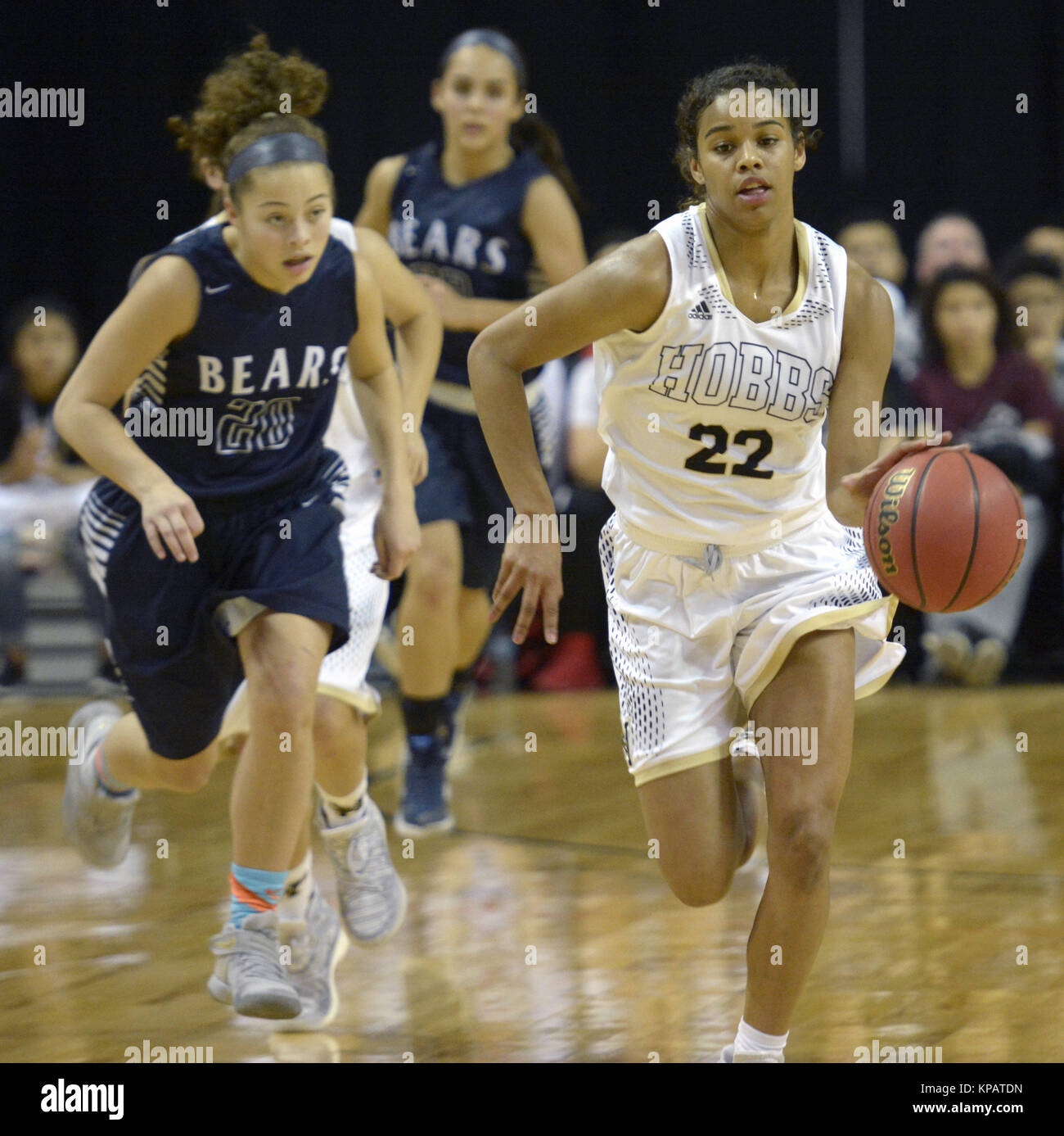 U.S. 9th Mar, 2017. SPORTS -- Hobbs' Amaya Lewis, 22, races downcourt ...