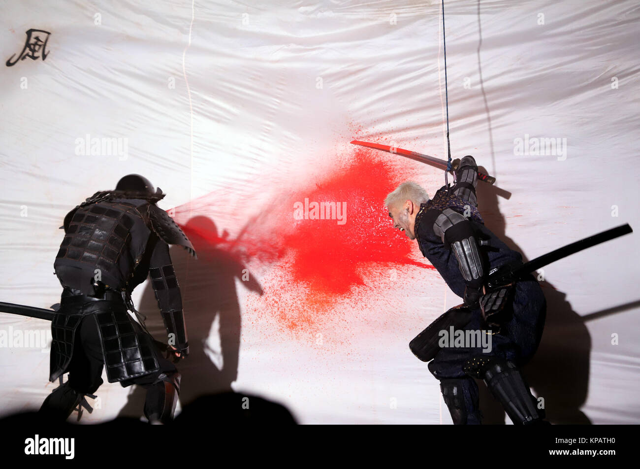 Tokyo, Japan. 14th Dec, 2017. Actors perform samurai action during the ...