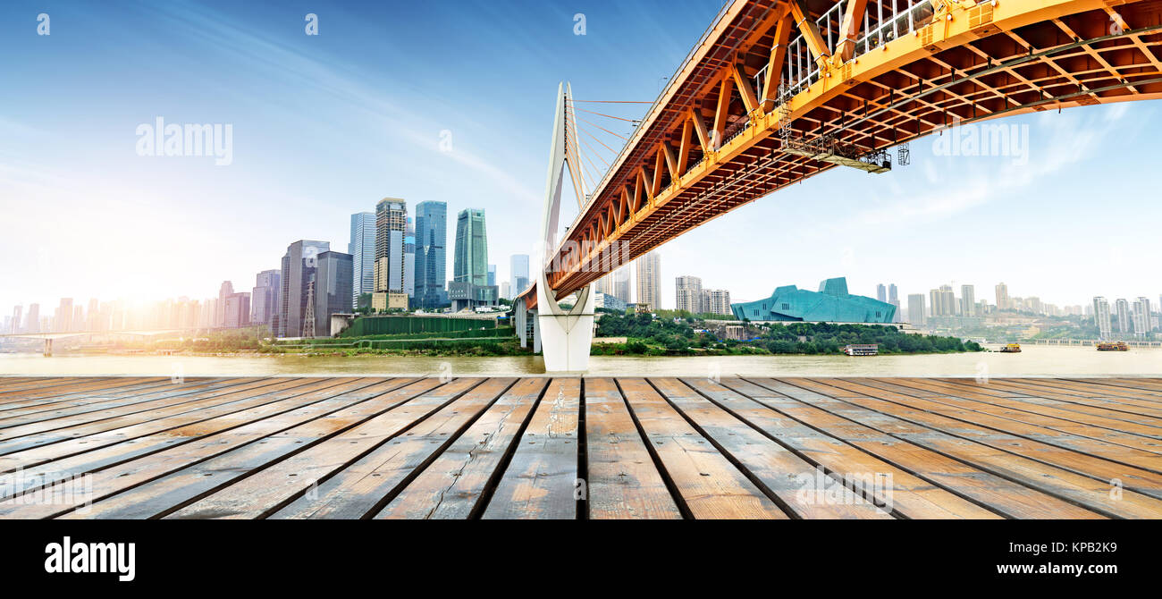 Wooden floor and city skyline, China Chongqing Stock Photo - Alamy
