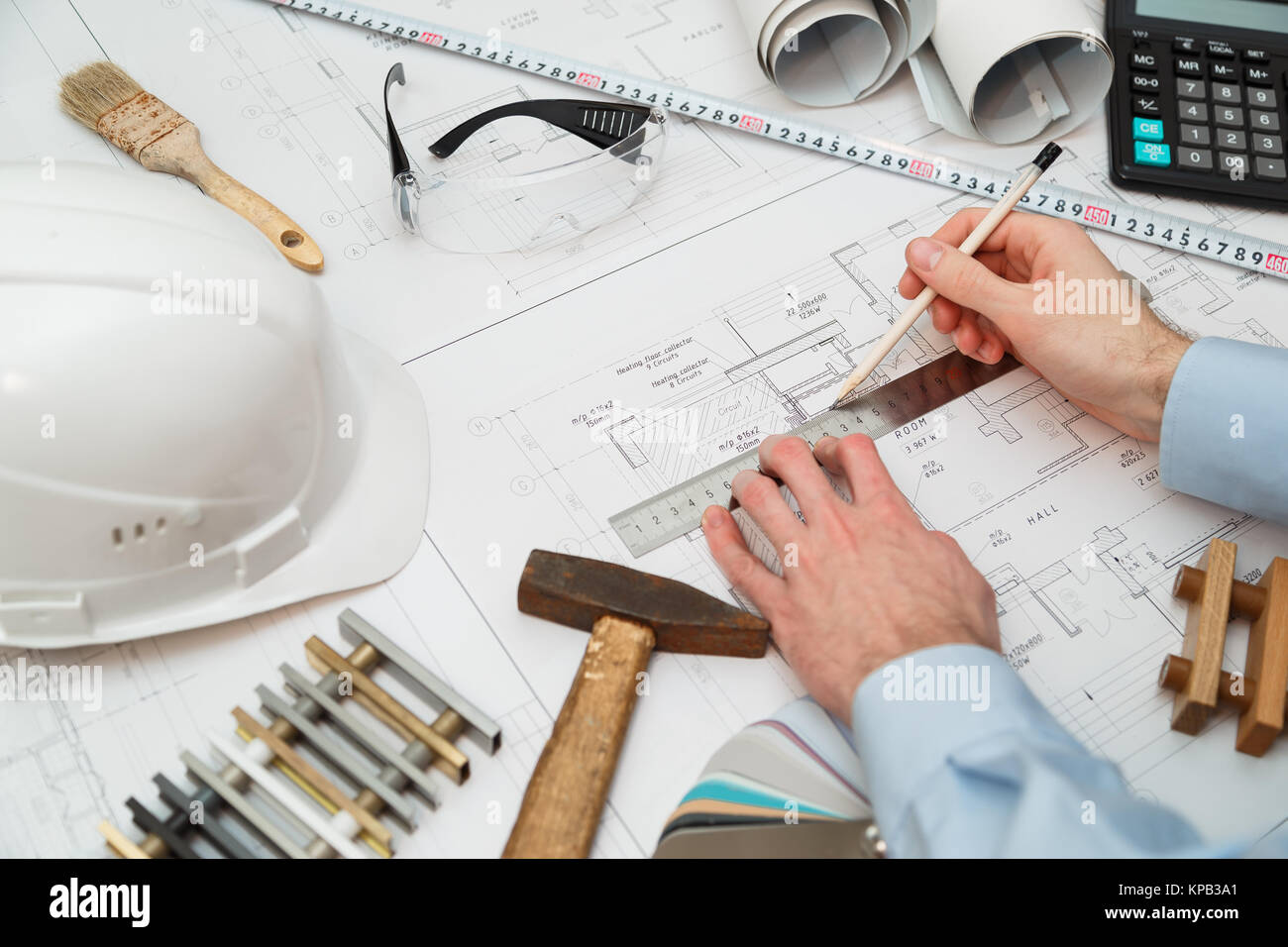 Image of engineer or architectural project, Close up of engineer's hand ...