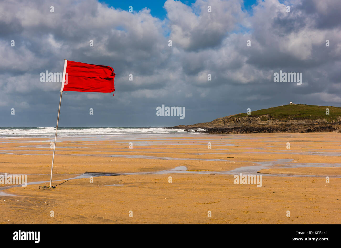 Red flag during Atlantic Storm Brian on Fistral Beach, Cornwall, UK ...