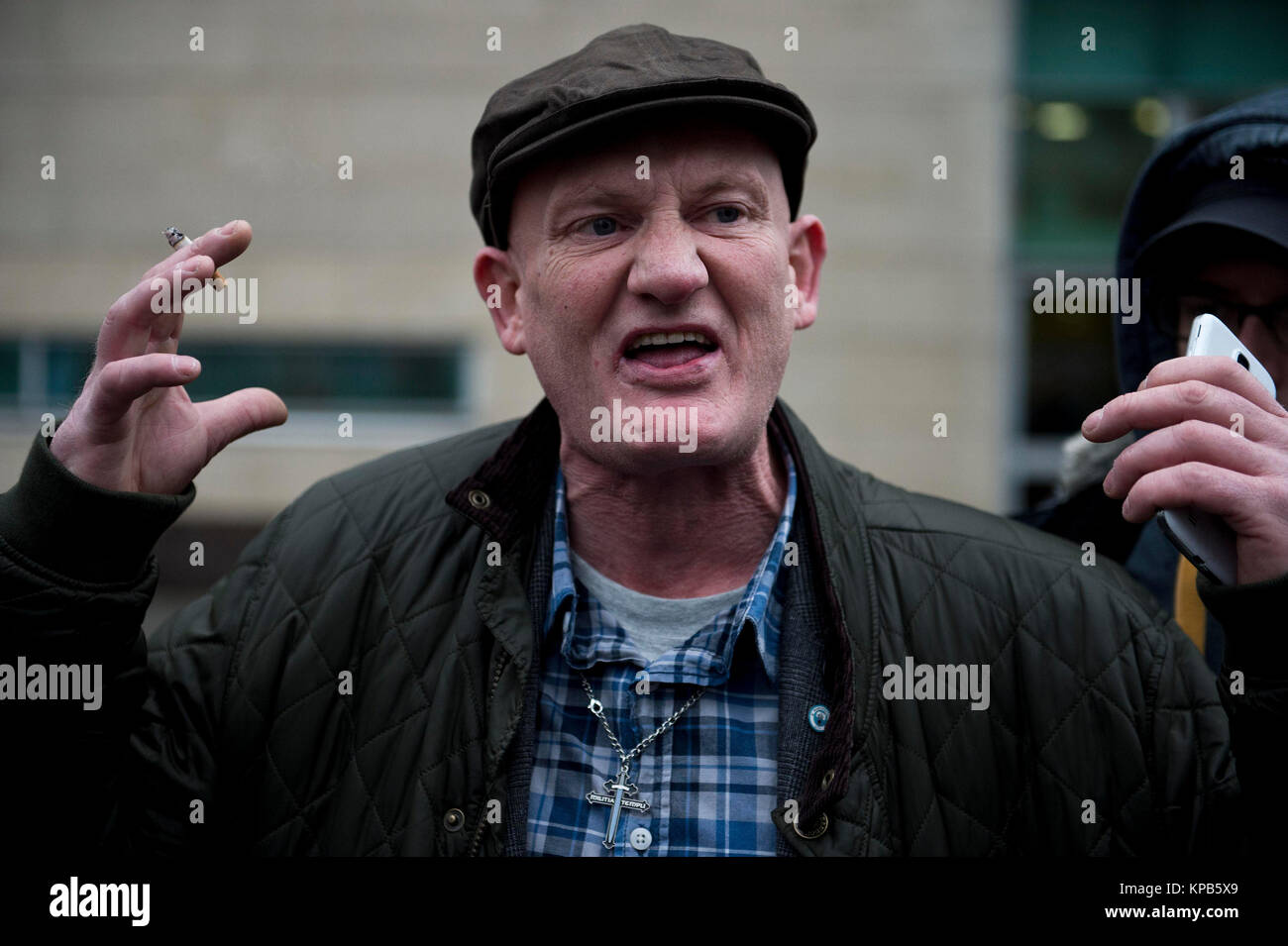 Andrew Edge speaking to the media outside Laganside courts in belfast ...