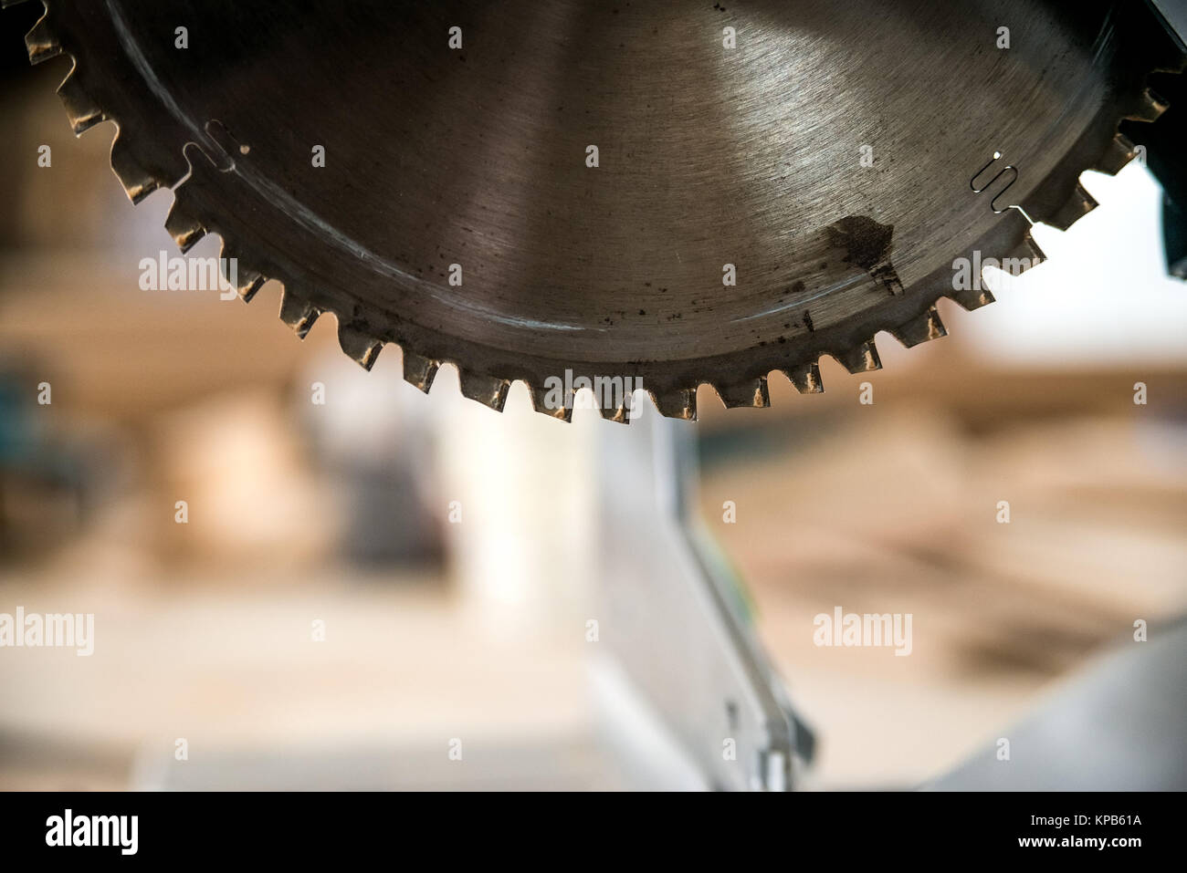 Close-up image of metal circular saw for wood in woodworking shop Stock ...