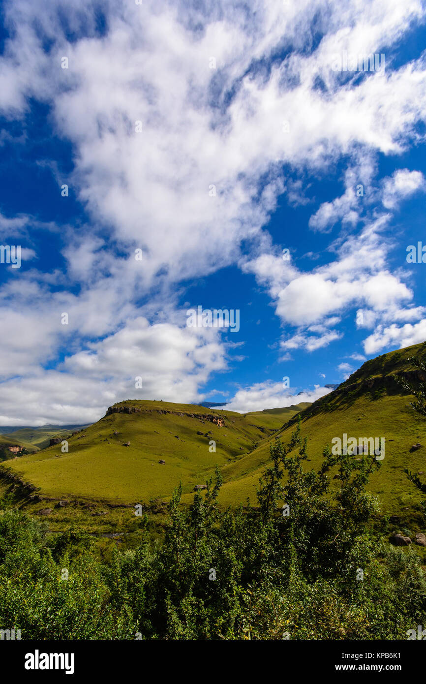 Color outdoor scenic landscape image of South Africa green Drakensberge ...
