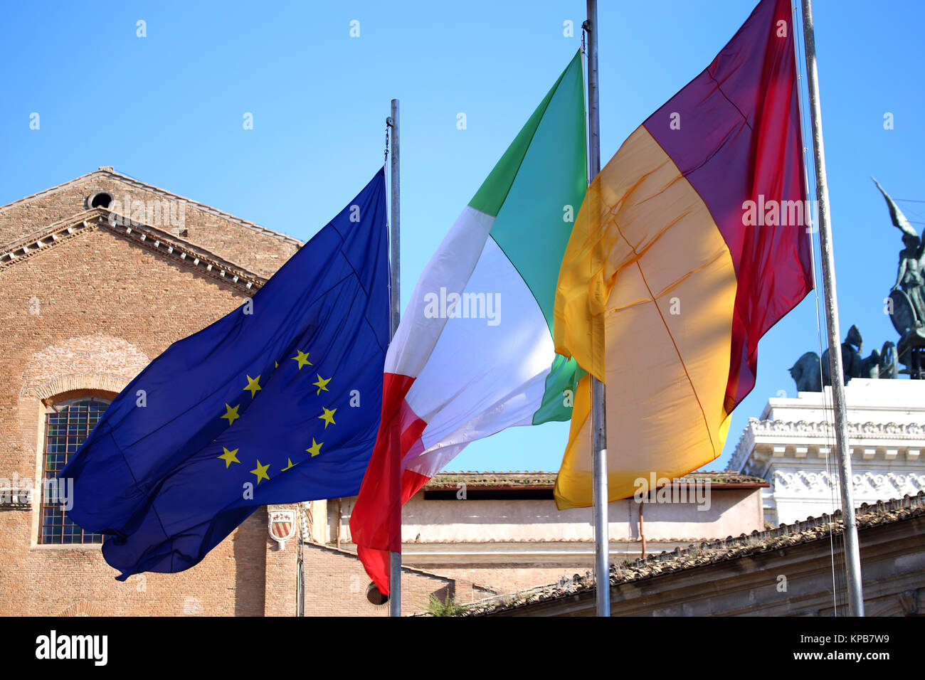 Flags of Italy, European Union and Roma city waving in Rome, Italy ...