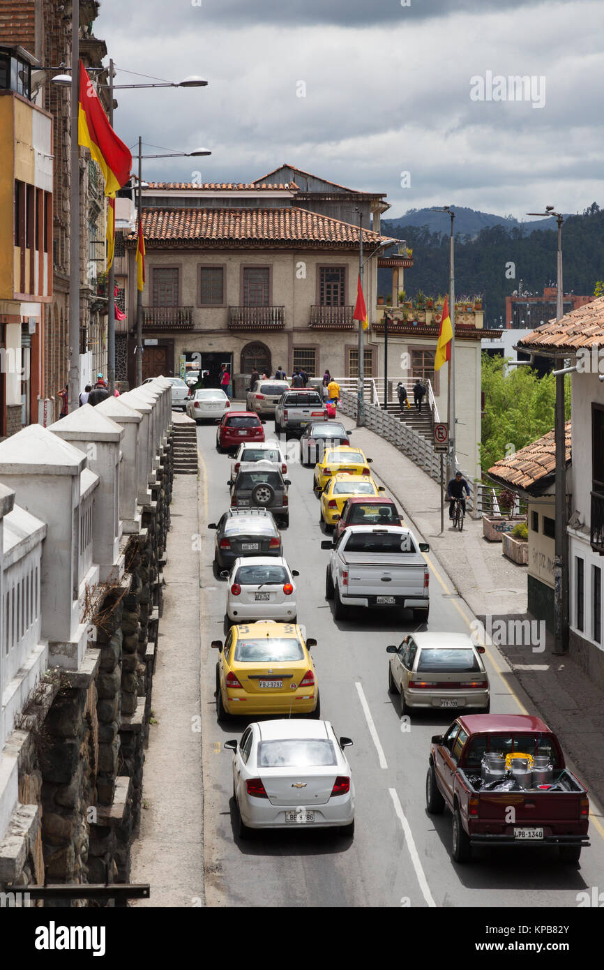 Cuenca Ecuador - traffic, taxis and flags in the city centre, Cuenca ...