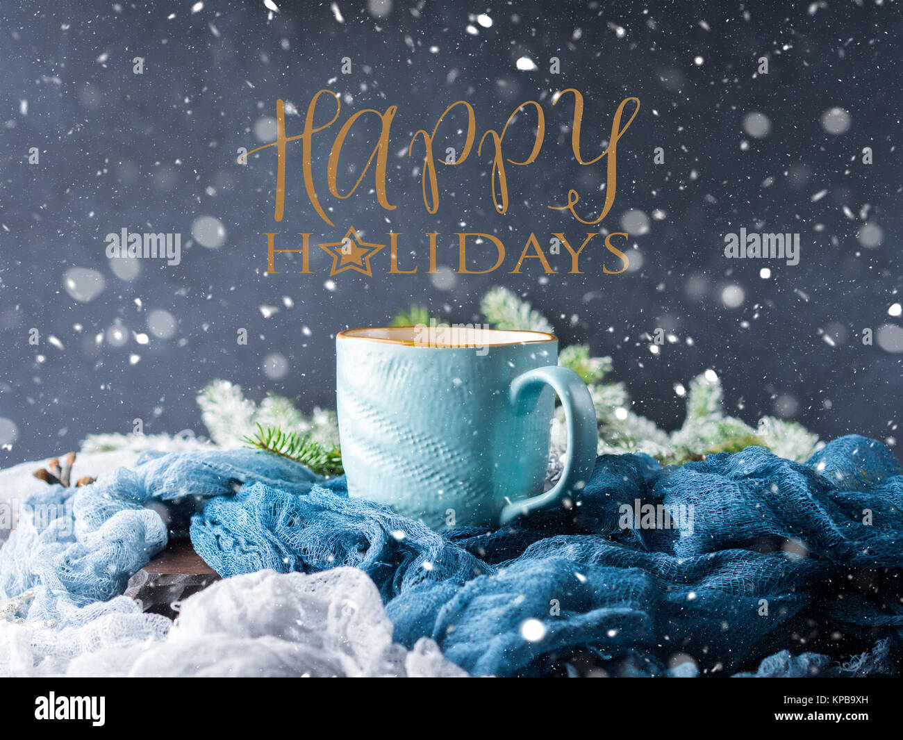 Mug of coffee and milk on dark blue winter background. Hot drink still ...