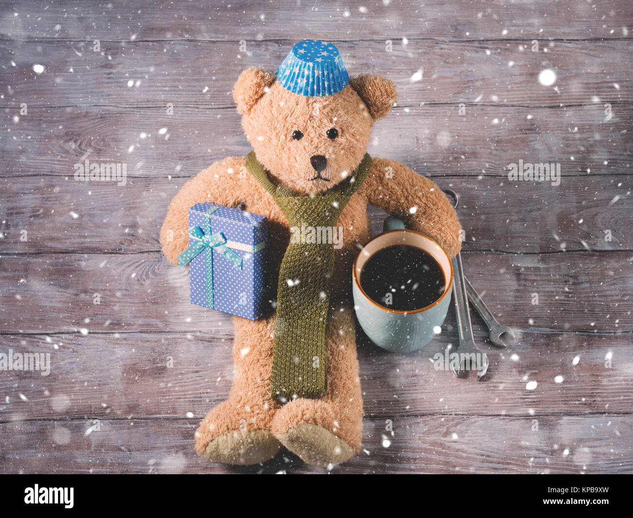 Father's day background on rustic wooden board with a teddy bear dad ...