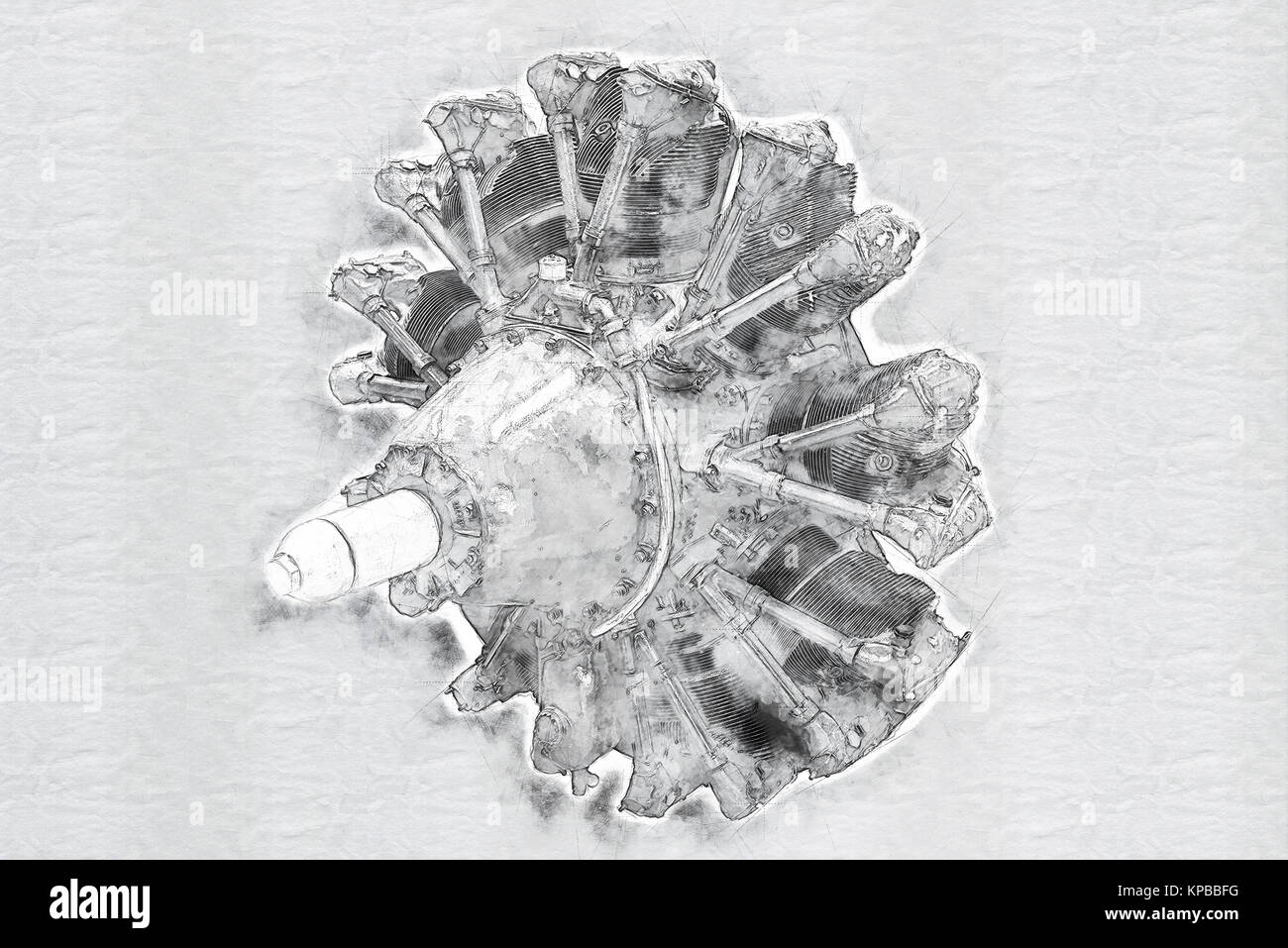 Close-up of an old 9-cylinder airplane engine in technical drawing ...