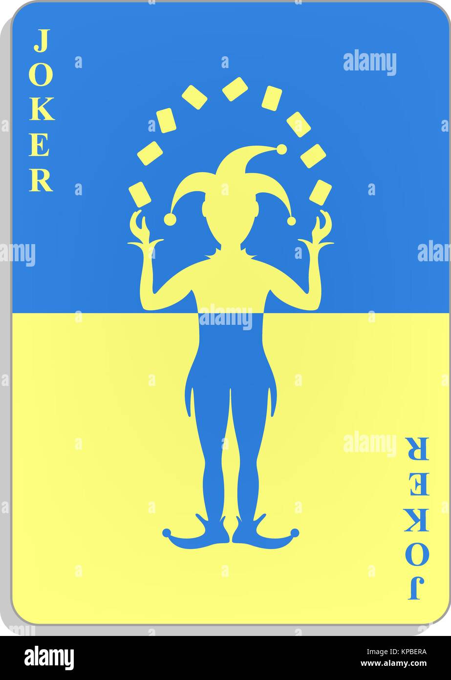 Playing card with Joker in blue and yellow design with shadow on white ...