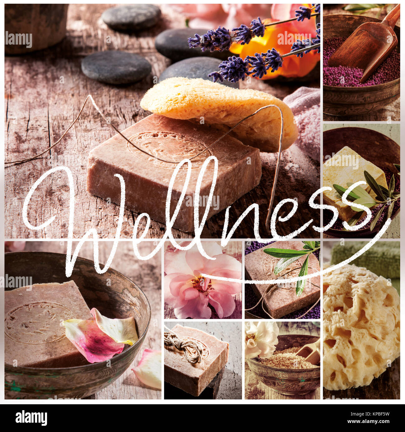 Wellness collage of various natural soaps from plant extracts and ...