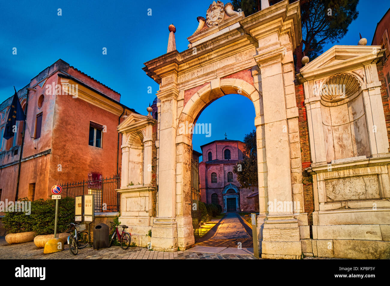 night view of monumental entry to tourist attractions of Ravenna, once ...