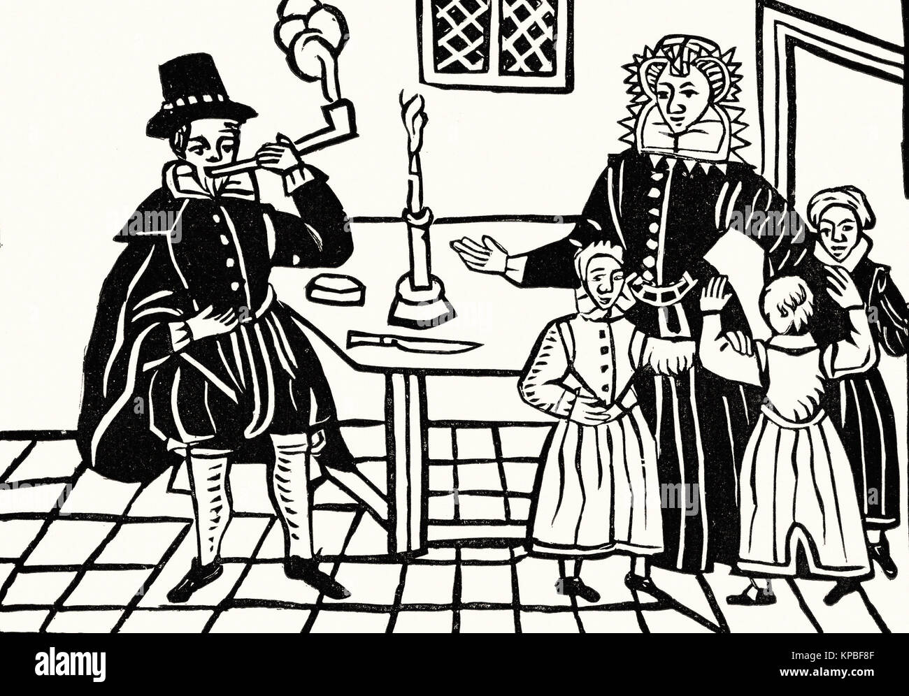 father with pipe - Woodcut early 17th century Stock Photo - Alamy