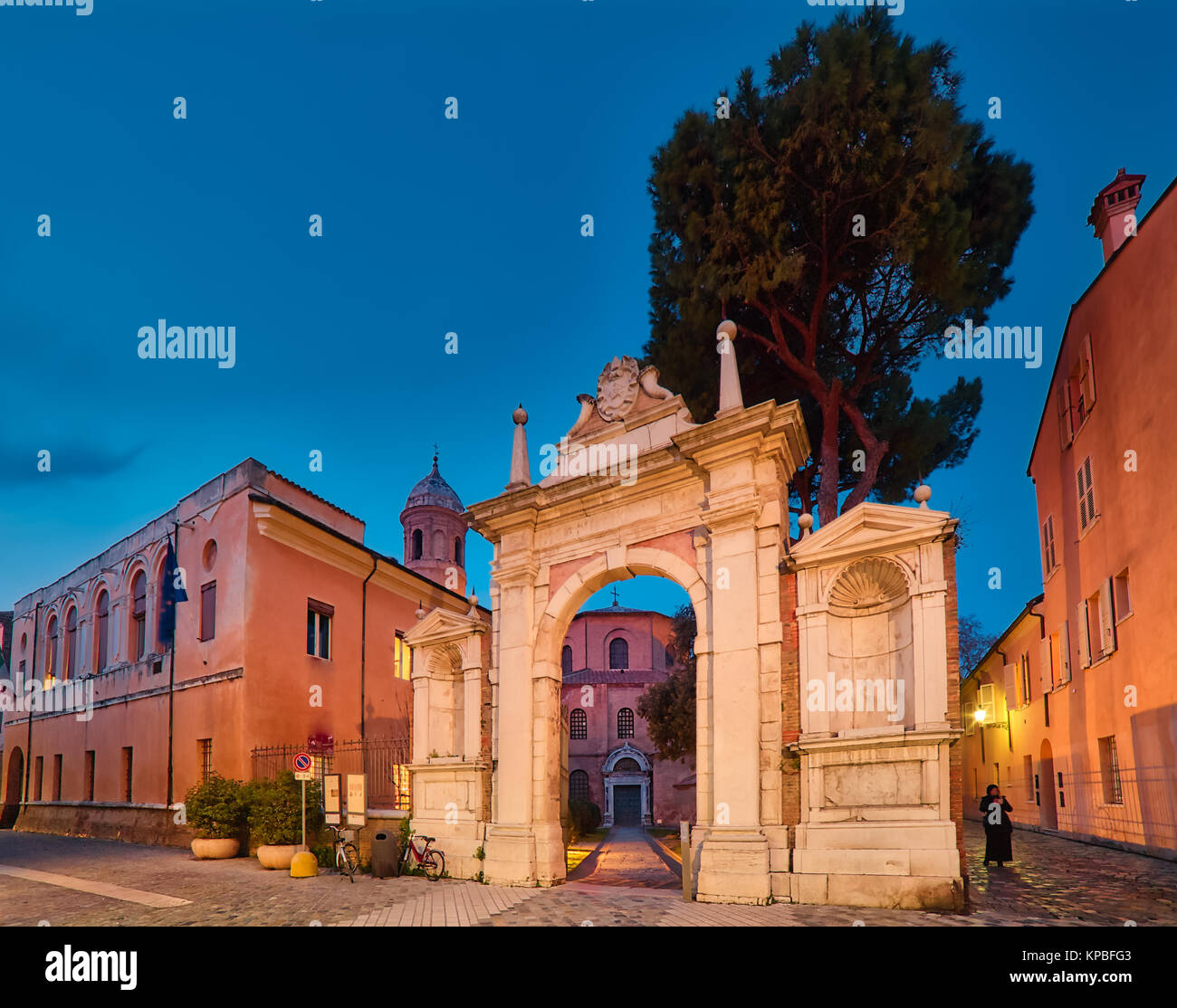 night view of monumental entry to tourist attractions of Ravenna, once ...