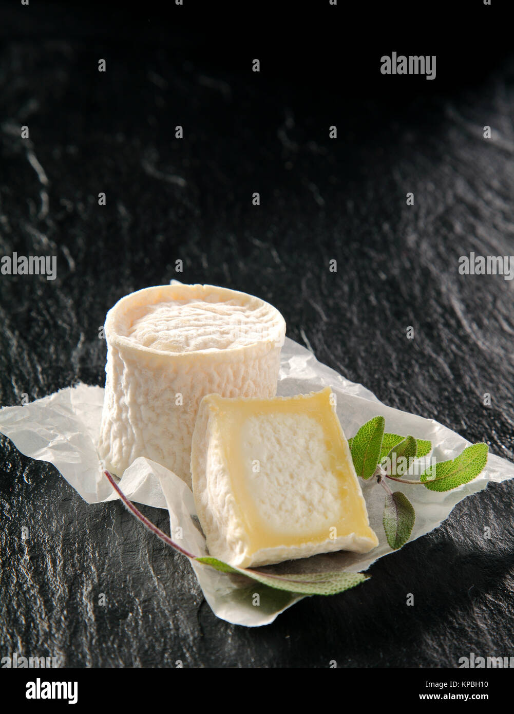 Close Up Still Life of Small Rounds of Soft Aged Cheese on Piece of Wax ...