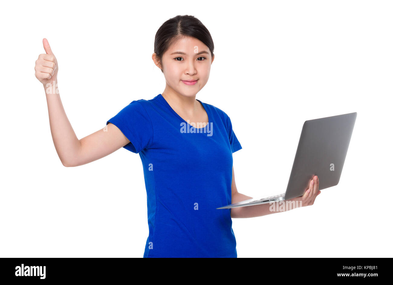 Young student holding with laptop computer and thumb up gesture Stock ...