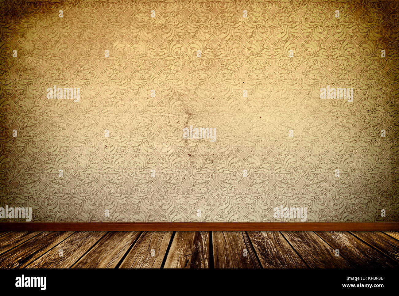 Old wall with decorative vintage pattern and old wooden floor ...