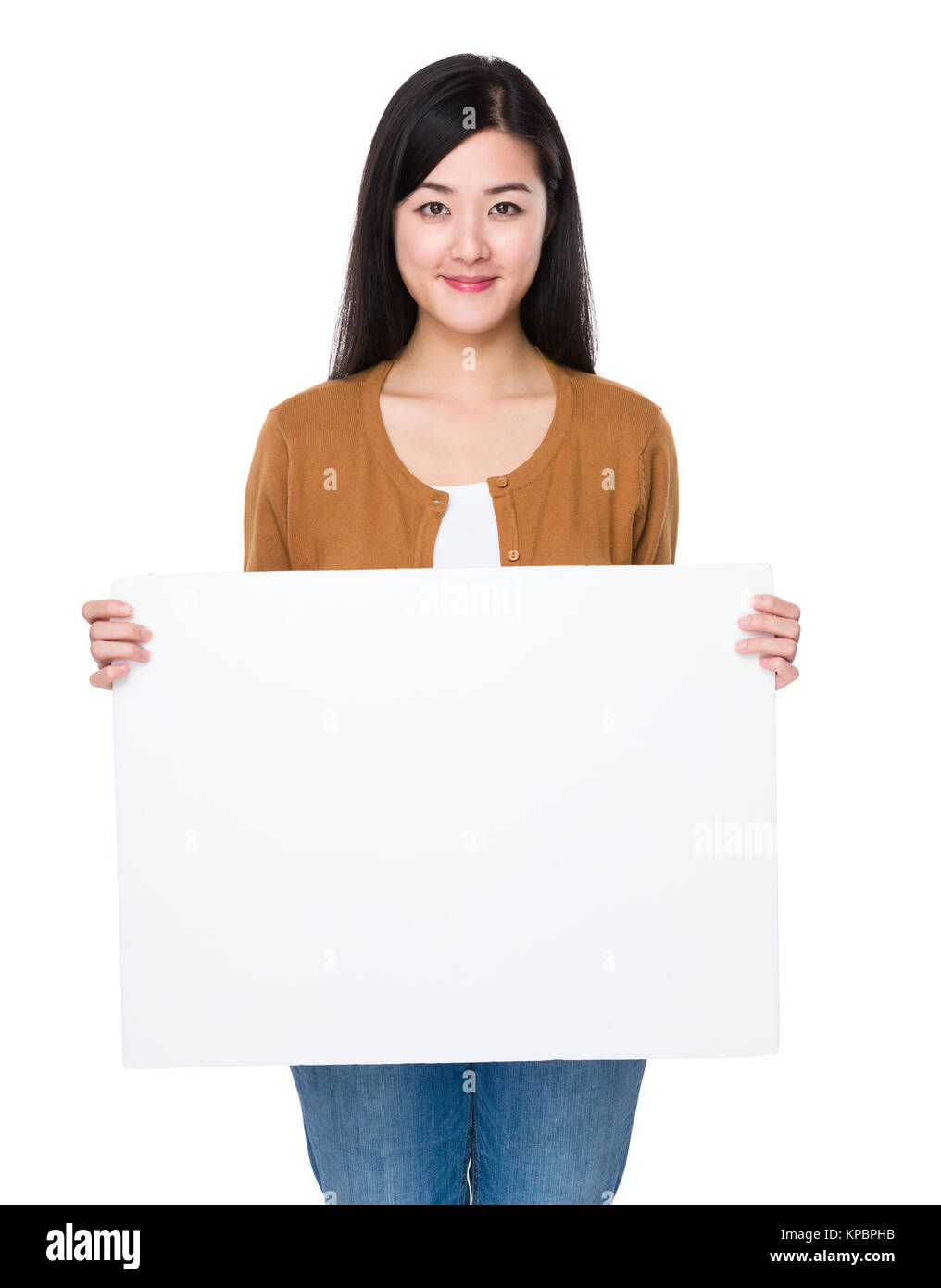 Young woman holding a white banner Stock Photo - Alamy