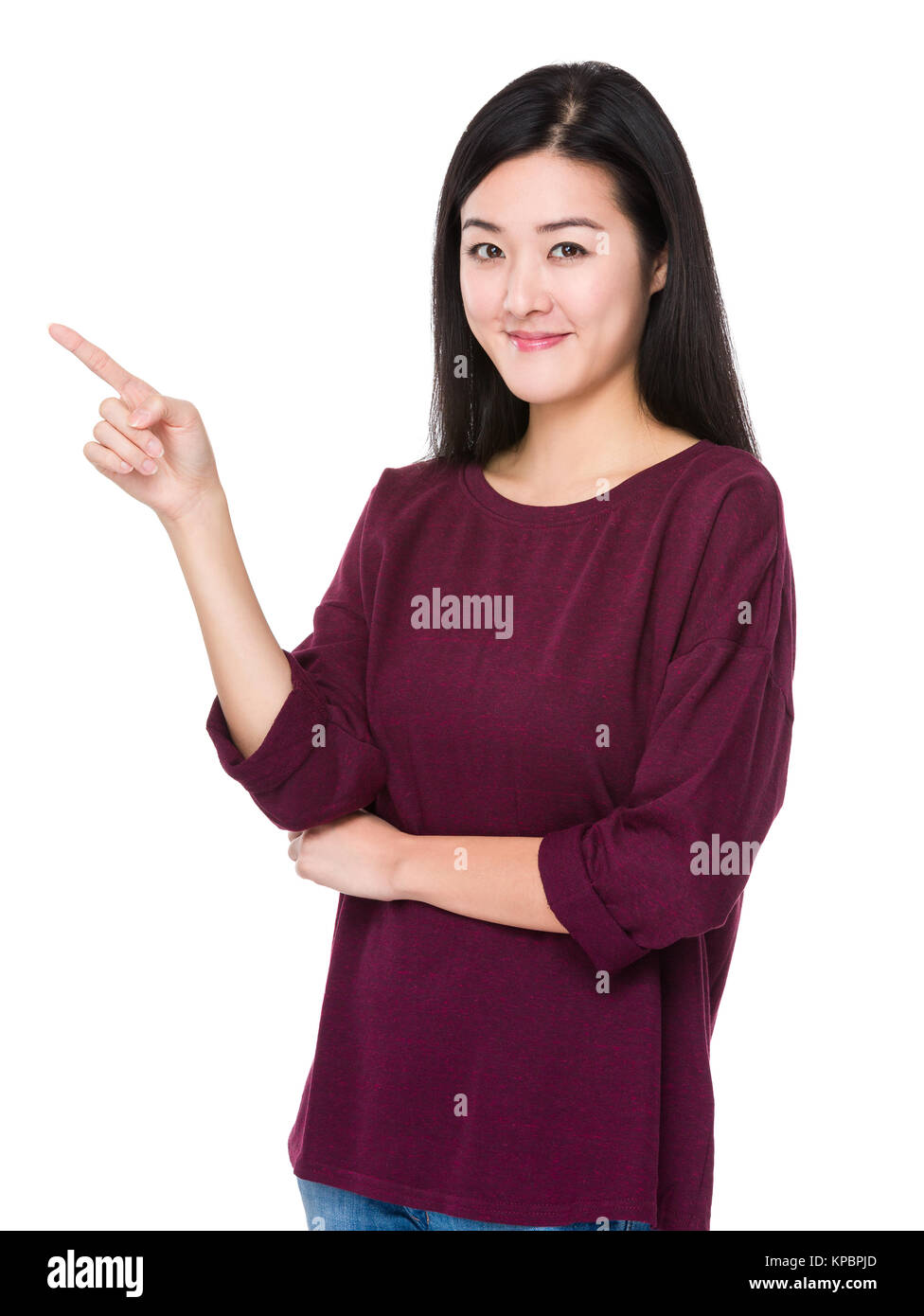 Woman with finger point up Stock Photo - Alamy