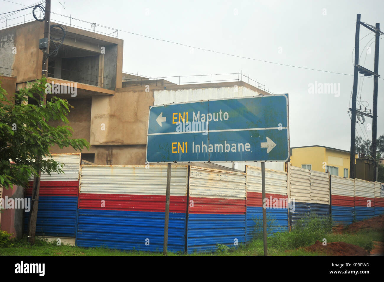 A road sign in Mozambique directing traffic to Maputo and Inhambane ...