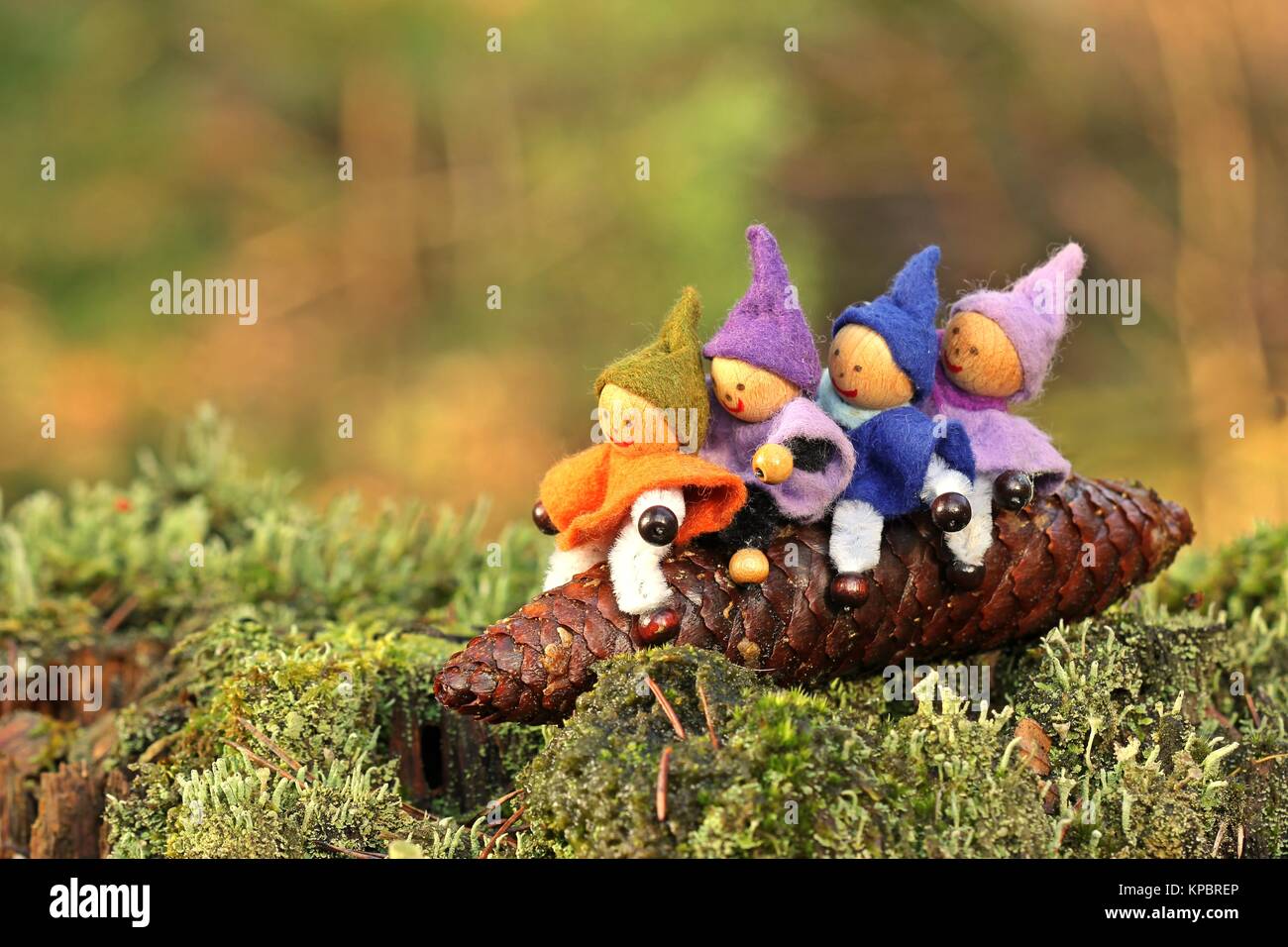 four elves riding on a spruce cones Stock Photo - Alamy