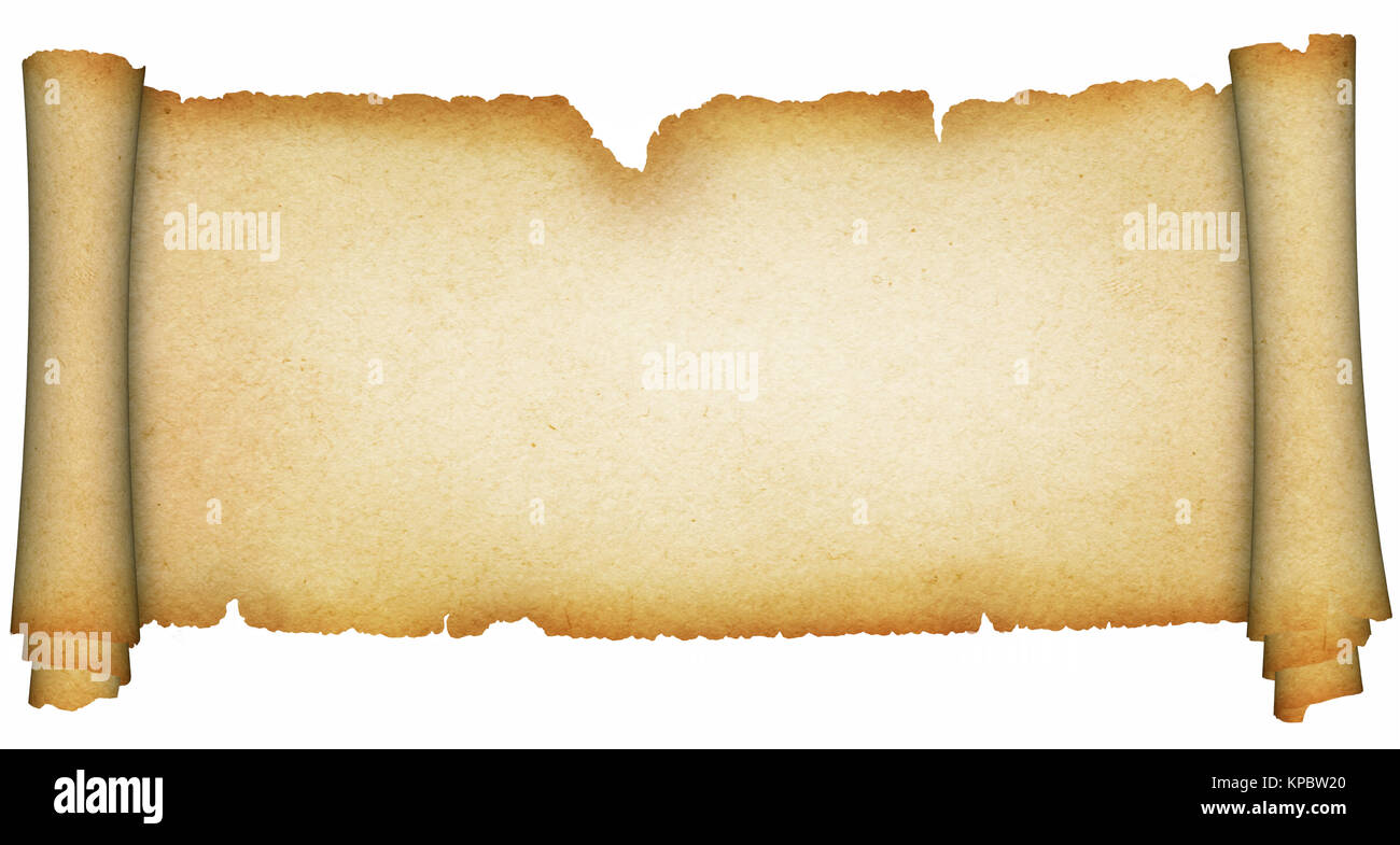 Medieval scroll of parchment on white background. Natural old grunge ...