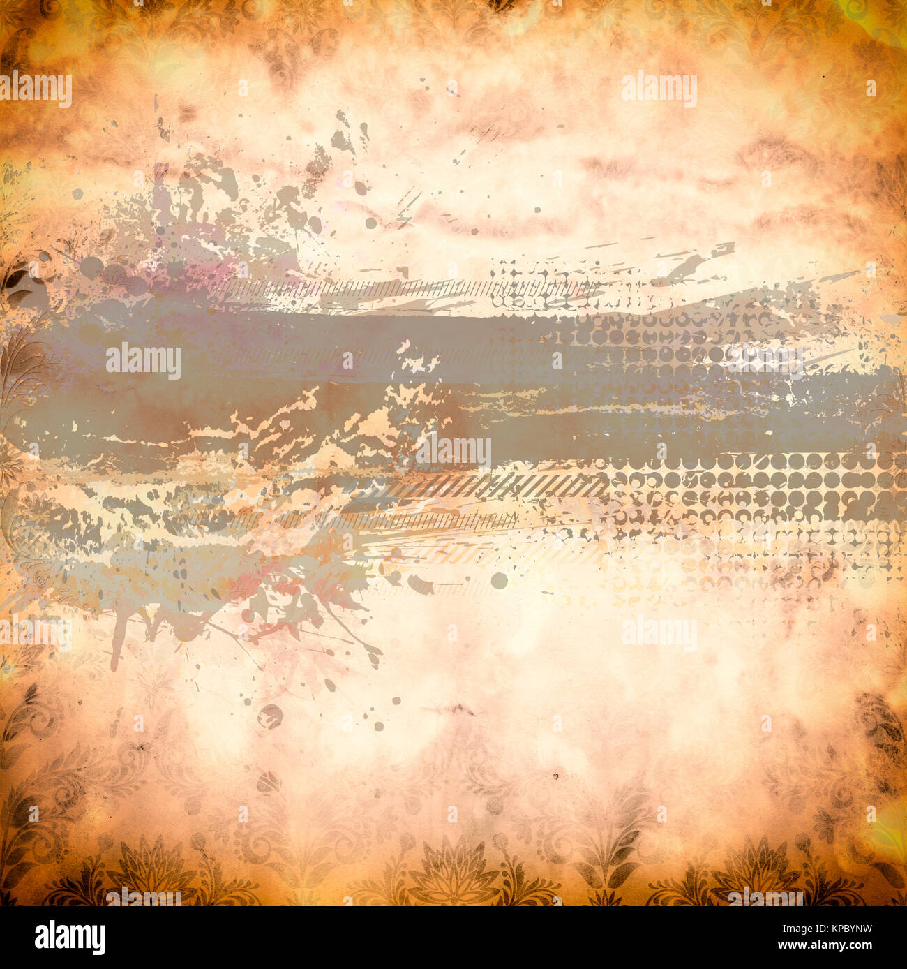 Grunge paper background with dirty splatter and old-fashioned floral ...