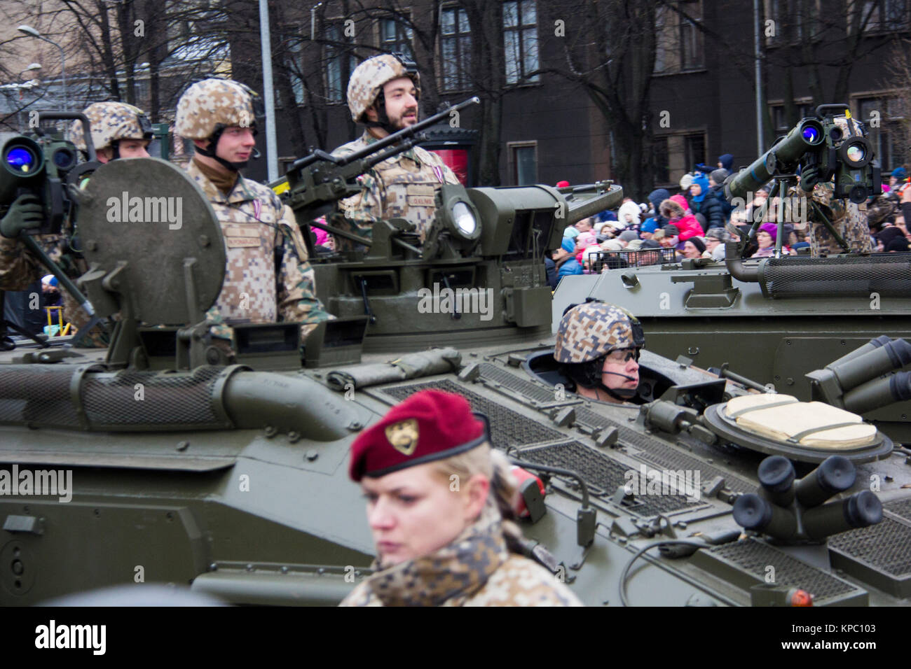 November 18, 2017. NATO tanks and soldiers at military parade in Riga ...