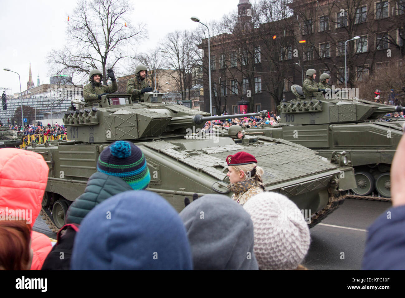 November 18, 2017. NATO tanks and soldiers at military parade in Riga ...