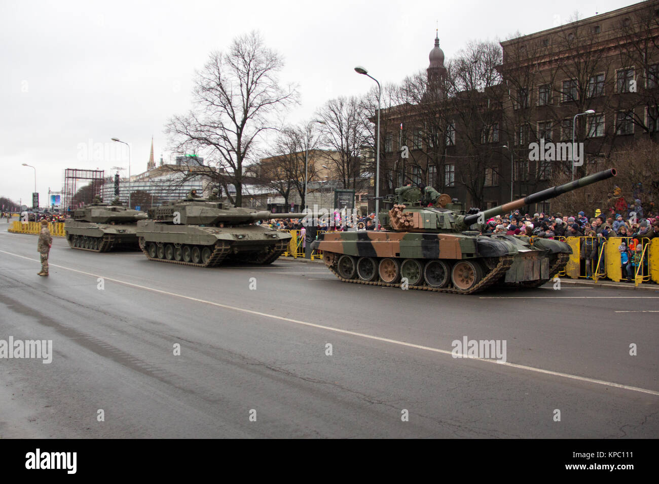November 18, 2017. NATO tanks and soldiers at military parade in Riga ...