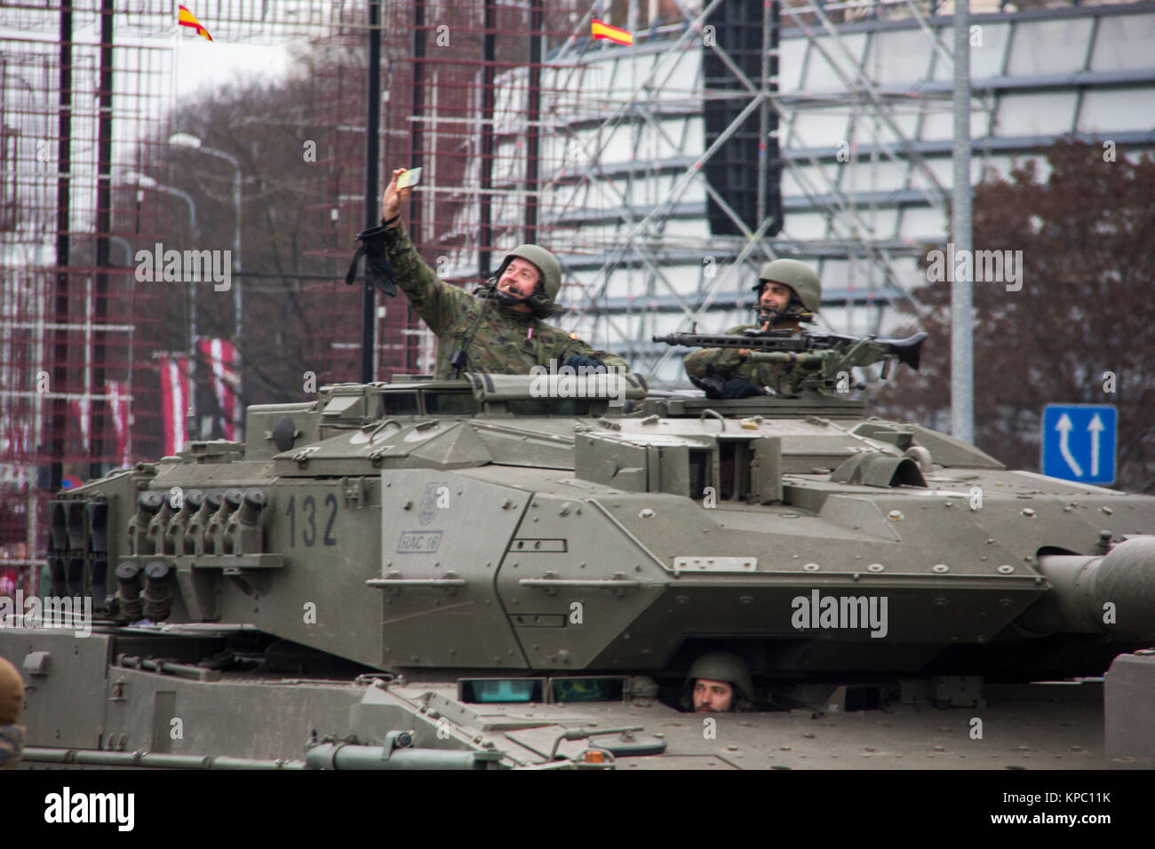 November 18, 2017. NATO tanks and soldiers at military parade in Riga ...
