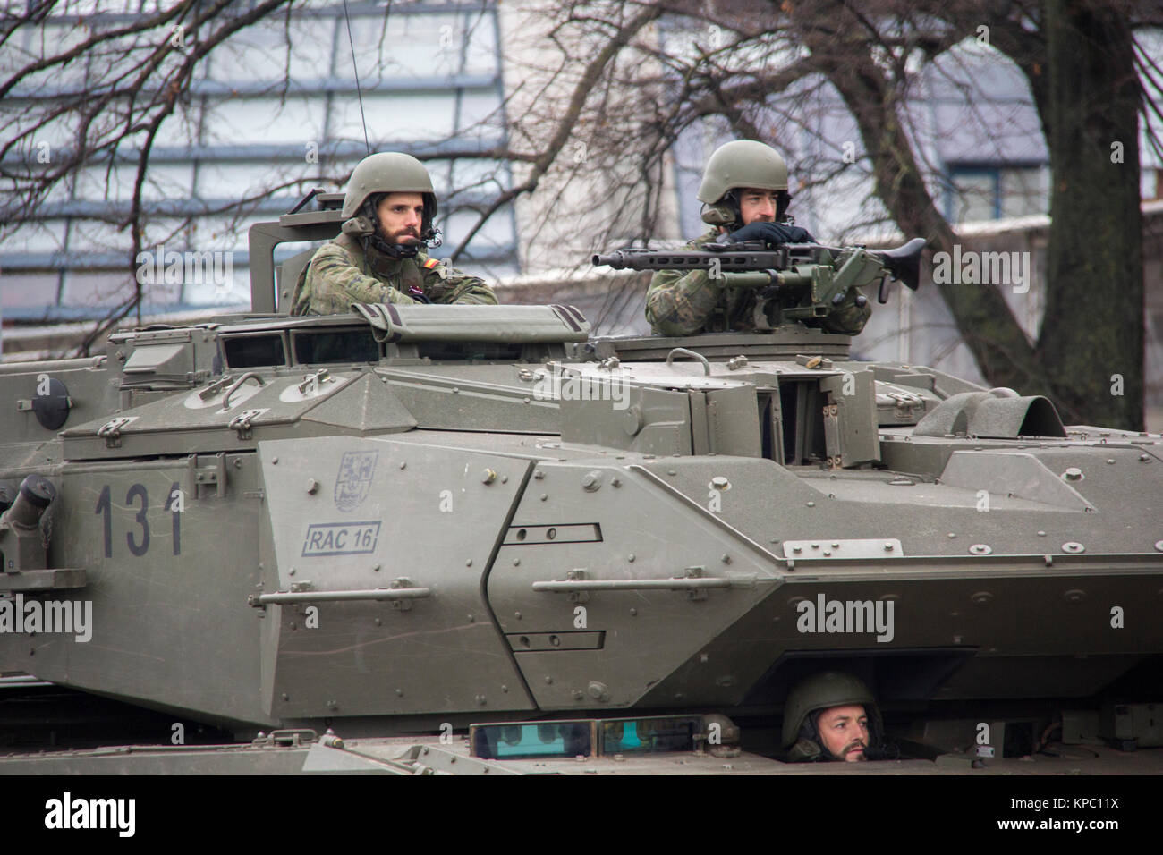 November 18, 2017. NATO tanks and soldiers at military parade in Riga ...