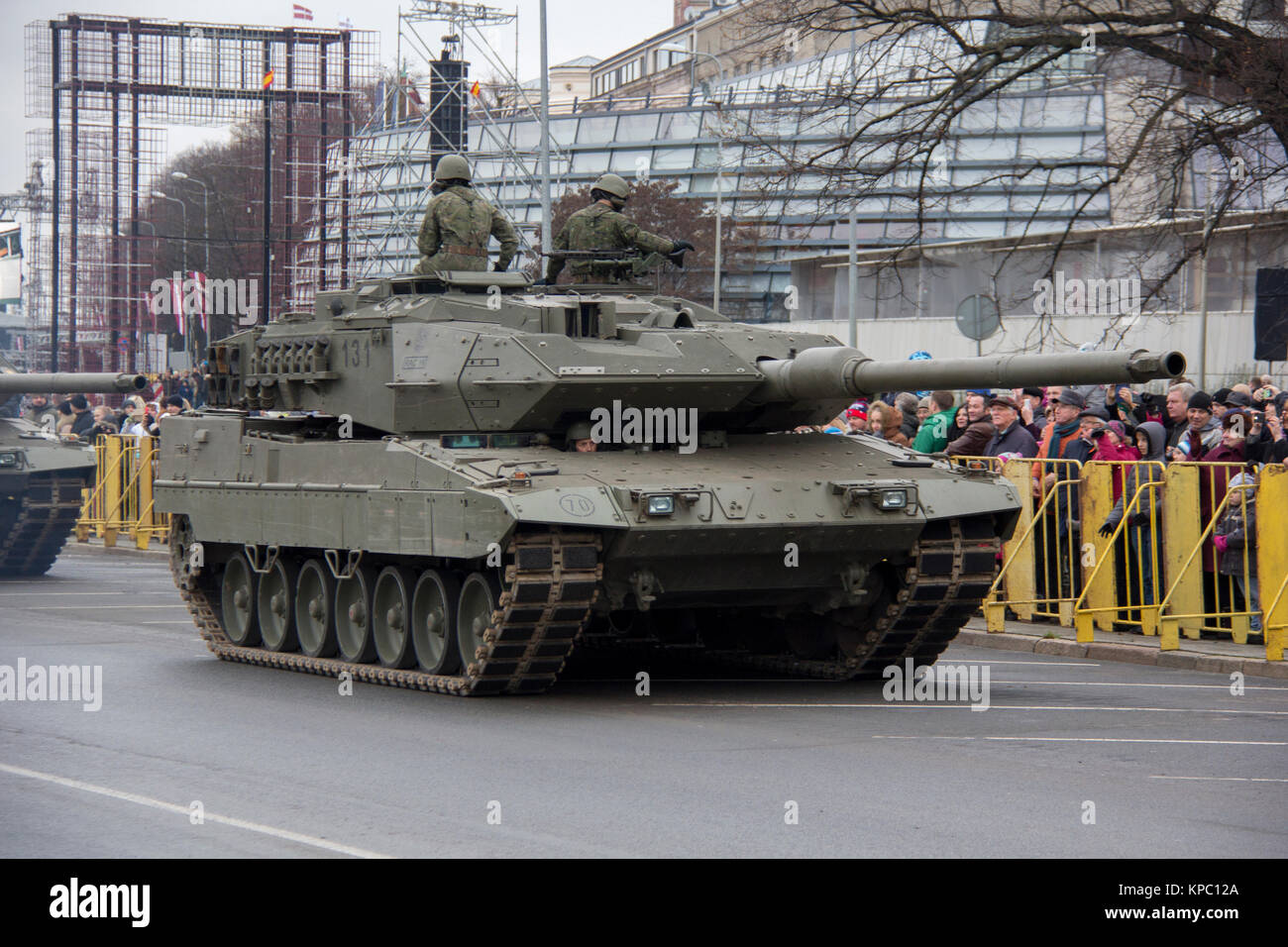 November 18, 2017. NATO tanks and soldiers at military parade in Riga ...
