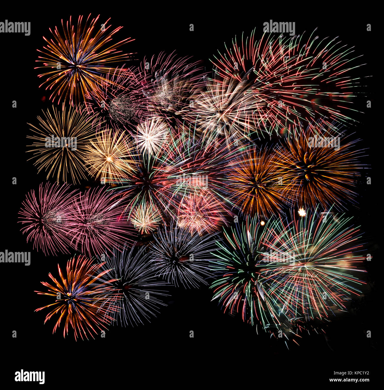 Colorful fireworks of various colors over night sky Stock Photo - Alamy