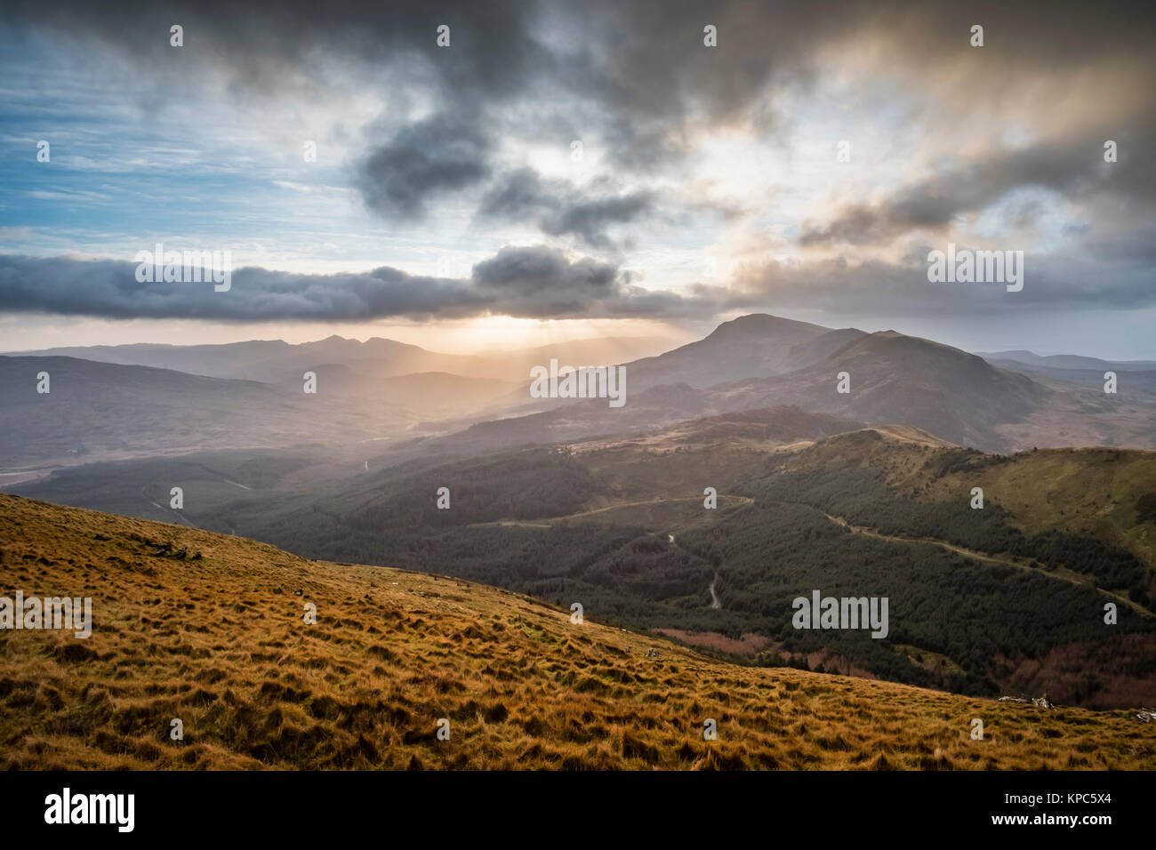 The Welsh Mountain Moel Hebog, above the village of Beddgelert ...